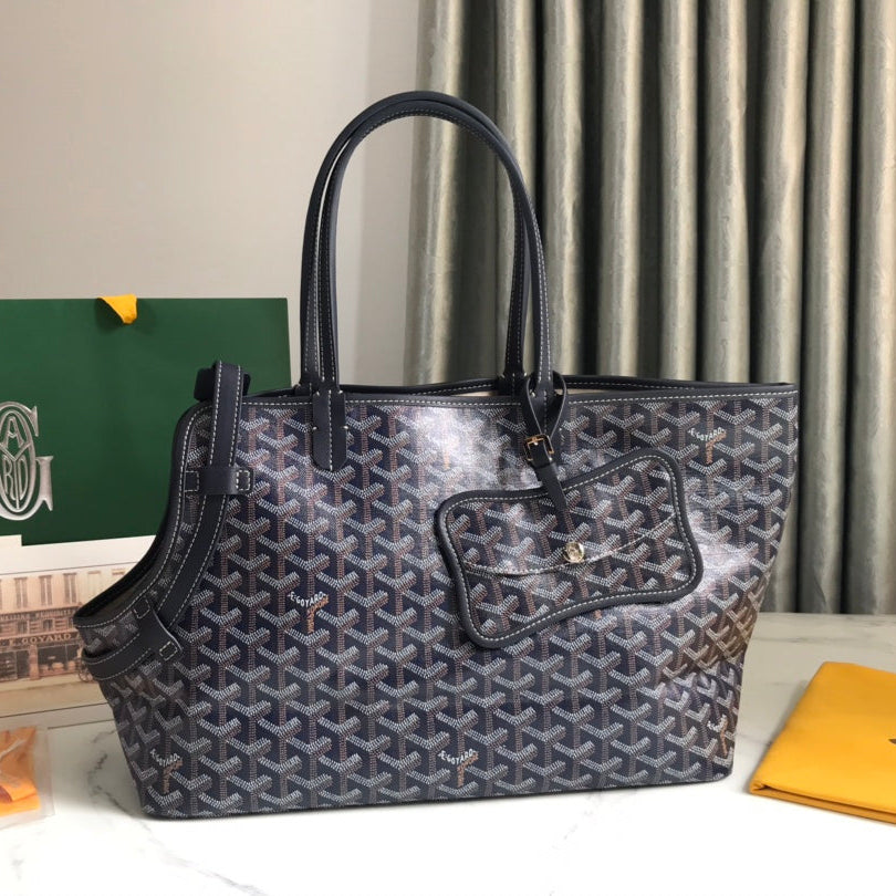 CHIEN GRIS BAG 33 IN NAVY BLUE GOYARDINE CANVAS AND TAN CALFSKIN TRIM ...